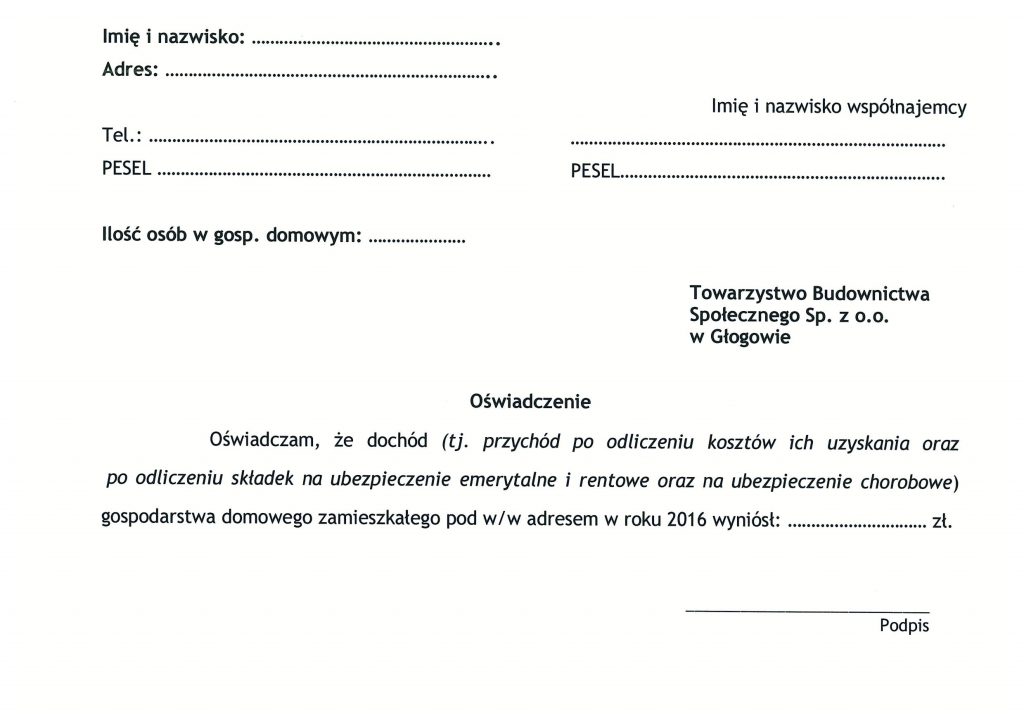 Oświadczenia o dochodach za rok 2016 - Towarzystwo Budownictwa Społecznego Sp. z o.o. w Głogowie